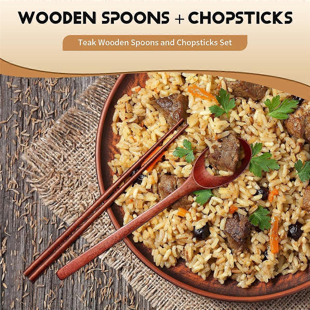 Teak Wooden Spoons and Chopsticks Set, Non-Stick Spoons Soup-Teaspoon ...