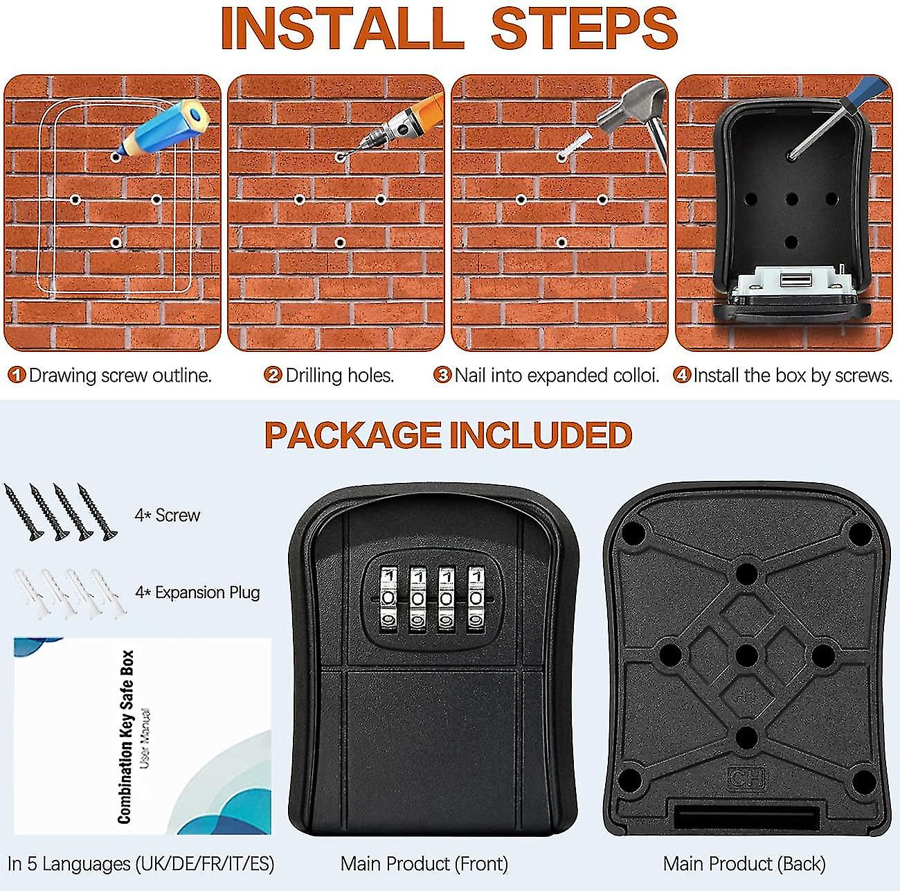 Key Box Wall Mounted Mini Key Safe Outdoor Key Box With Resettable 4 ...