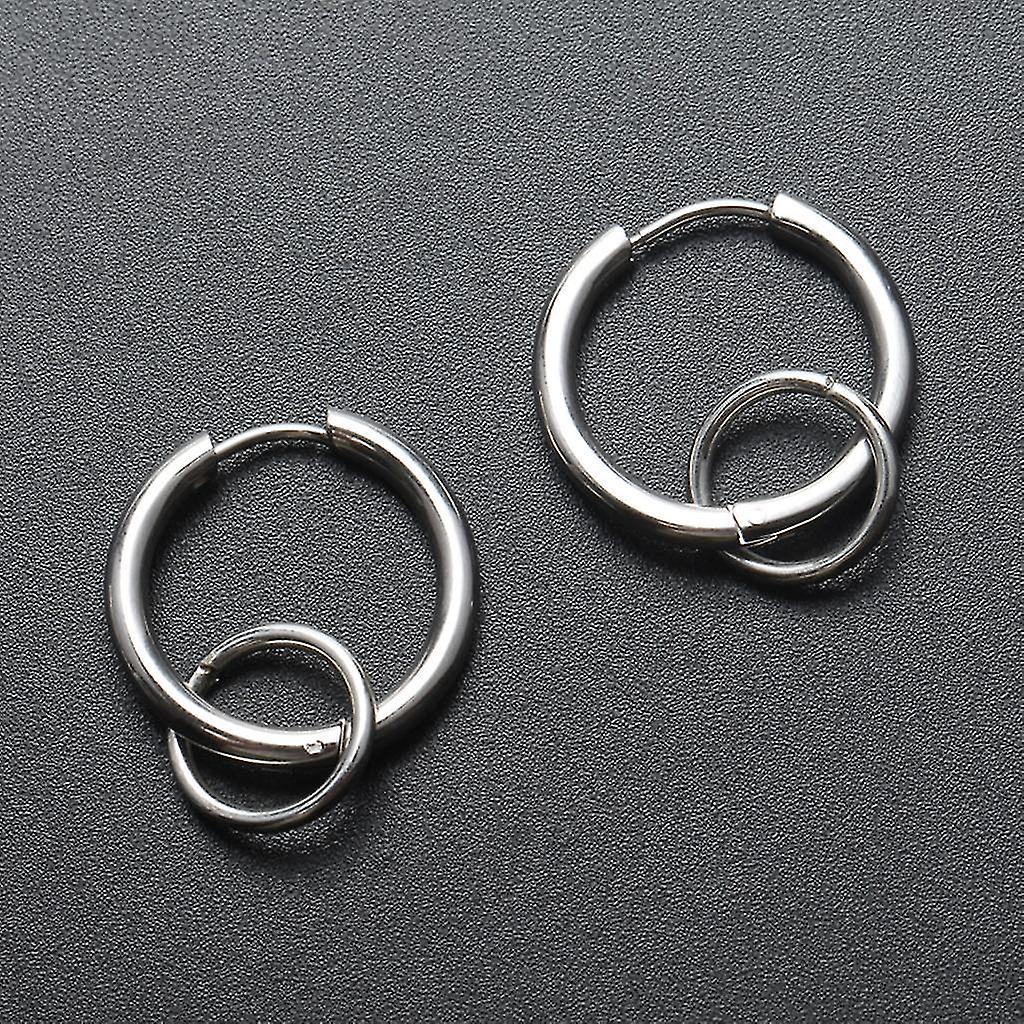 Stainless Steel Hip Hop Silver Color Double Loops Dangle Earrings ...