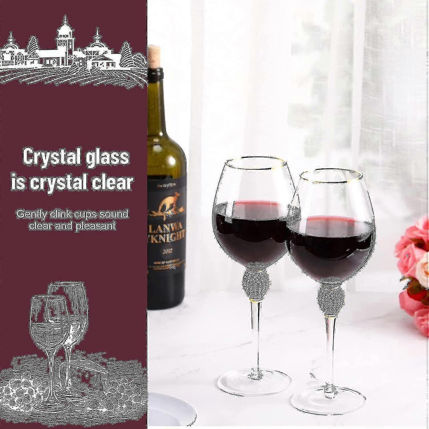 2 Pieces Rhinestone Red Wine Glass With Rim Tulip Shaped Diamond Wine ...