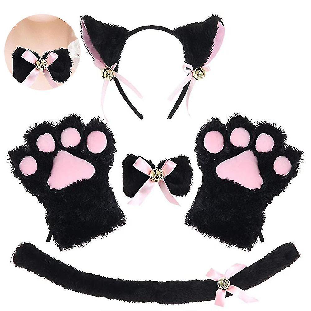 Cat Costume Cosplay Plush Headwear Clip Ear Bow Tie Tail Gloves Set ...