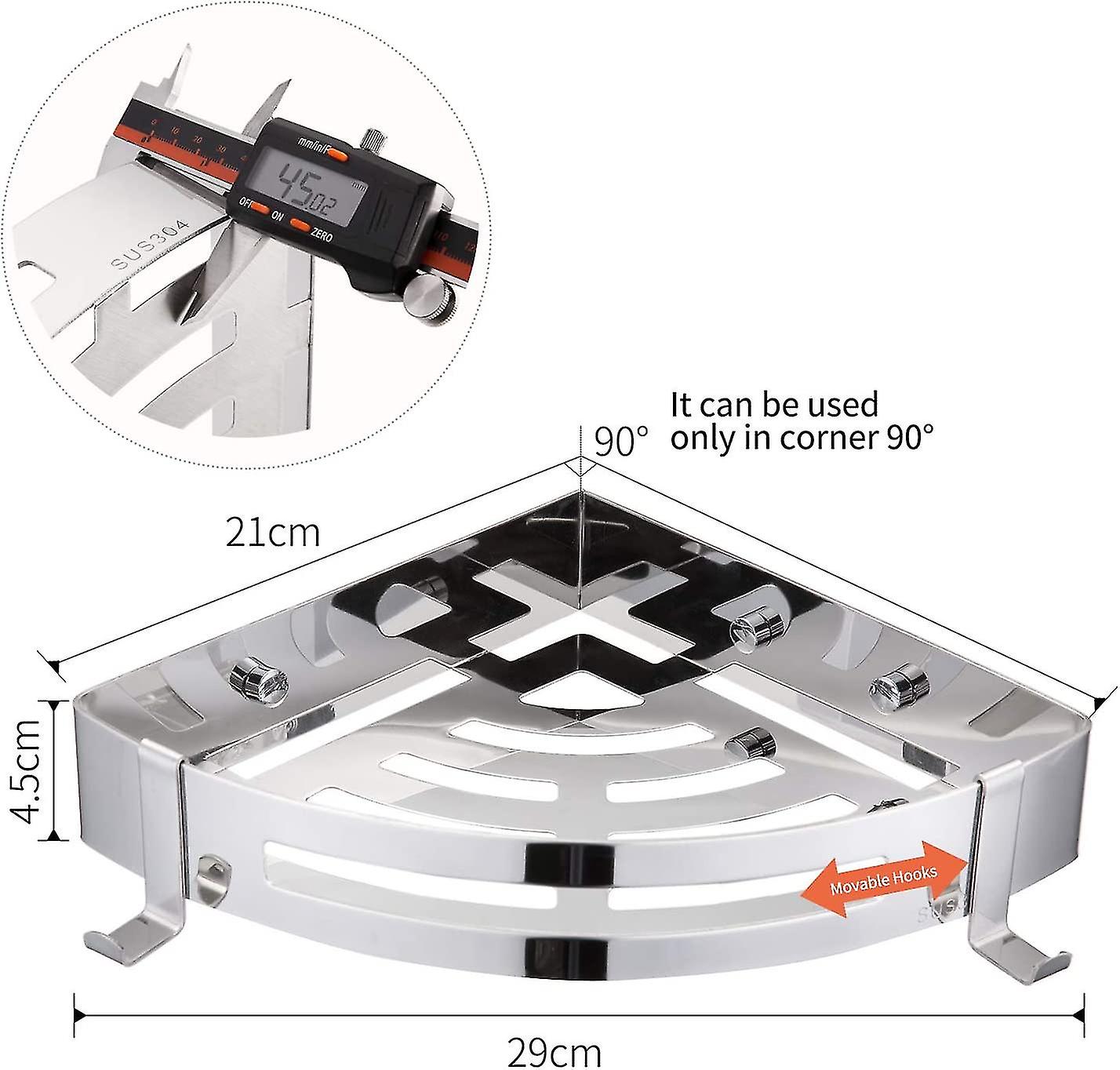Stainless Steel Drill-less Triangular Corner Shower Shelf With 4 Hooks ...